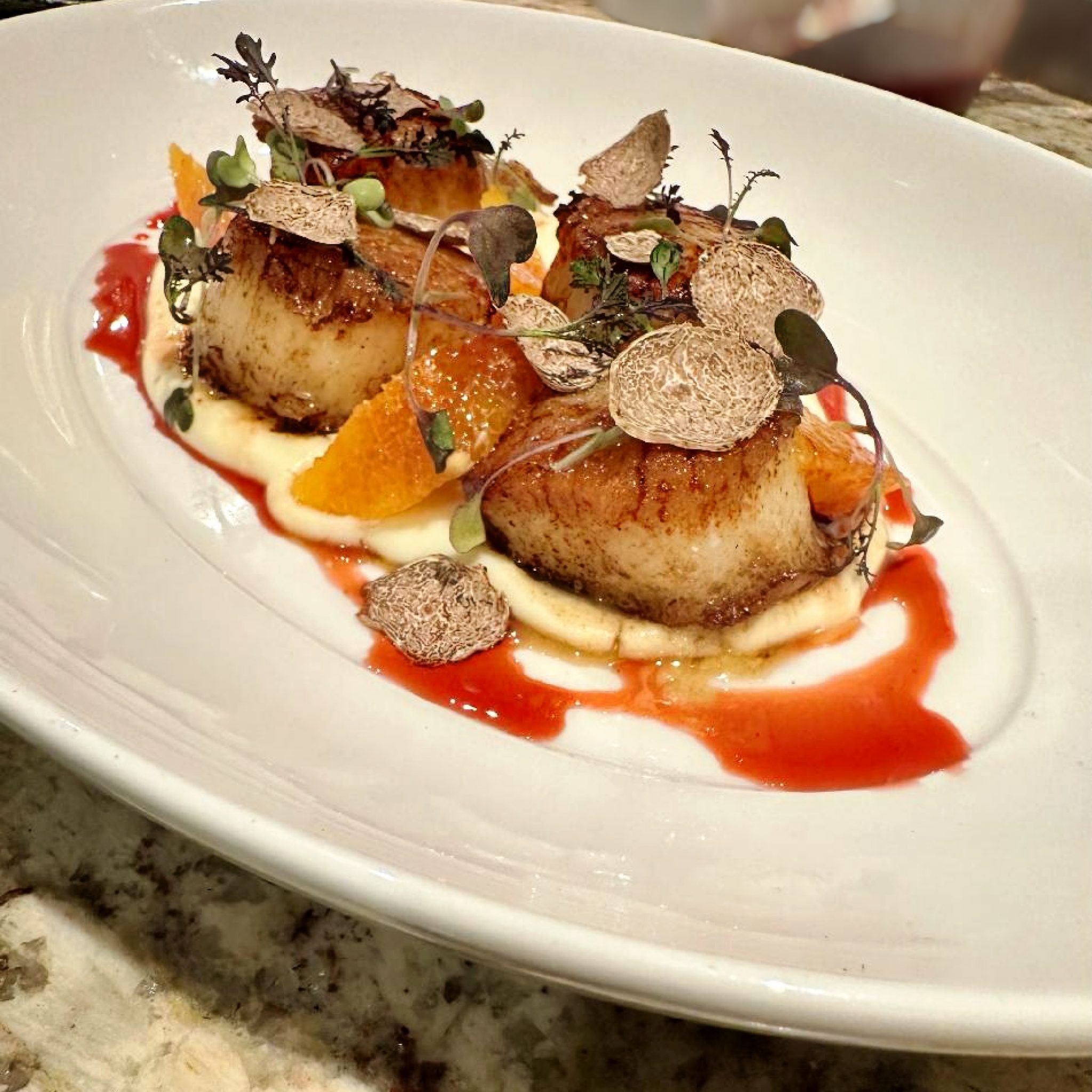 Seared Sea Scallops with Parsnip Purée, Blood Orange, and Fresh White ...